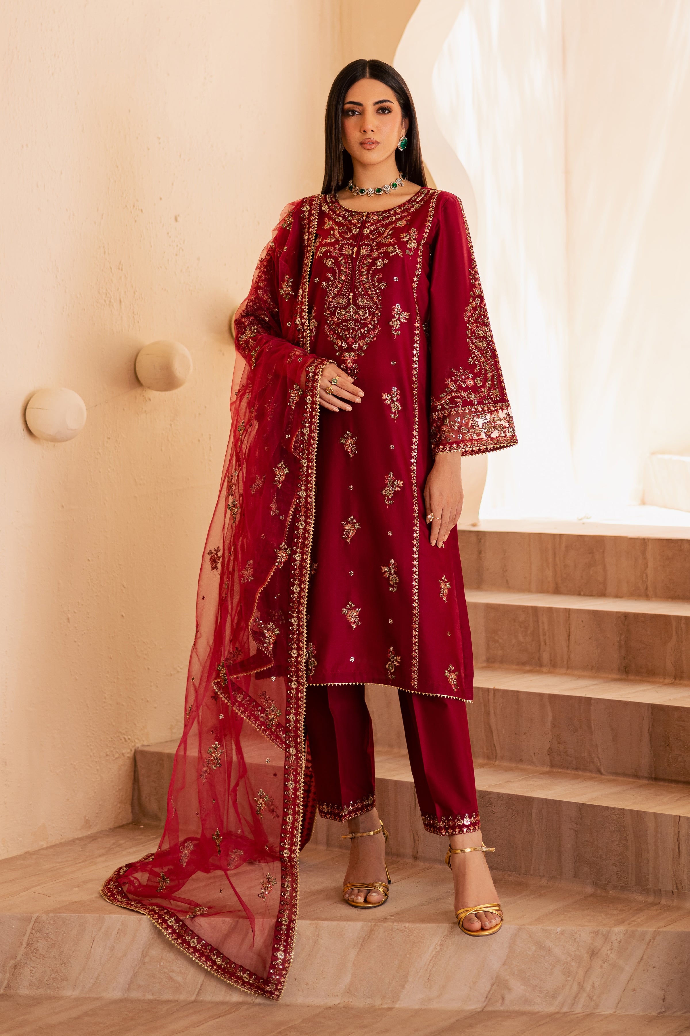Beet Red 3Pc - Embroidered Solid Dress – BATIK - AE
